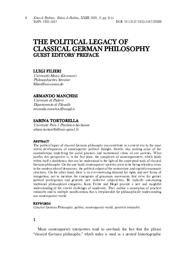 (PDF) The Political Legacy of the German Classical Philosophy