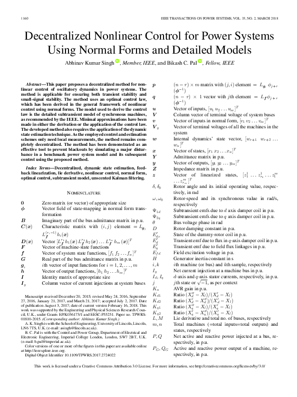 (PDF) Decentralized Nonlinear Control for Power Systems Using Normal ...