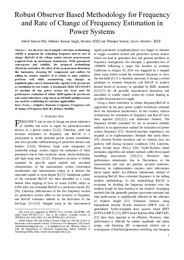 (PDF) Robust Observer Based Methodology for Frequency and Rate of Change of Frequency Estimation ...