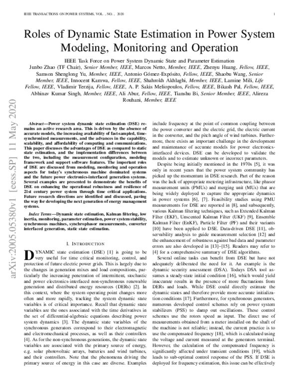 Pdf Roles Of Dynamic State Estimation In Power System Modeling Monitoring And Operation
