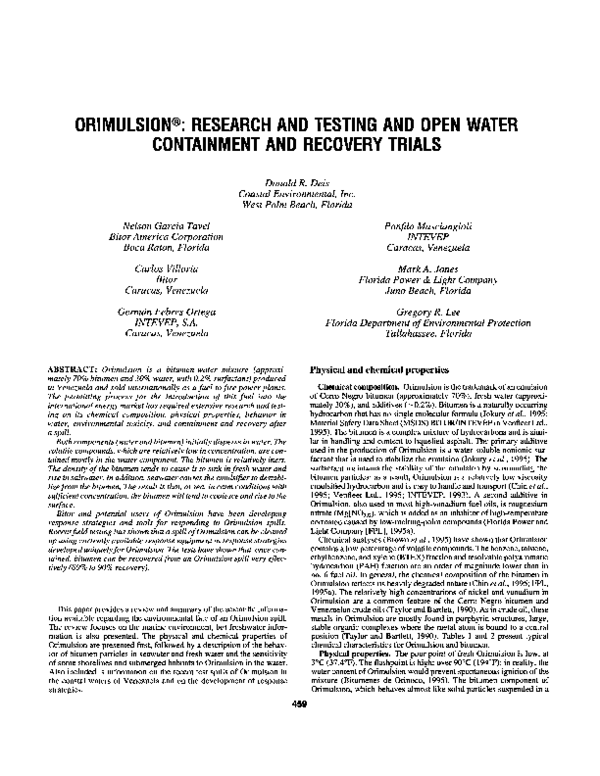 (PDF) Orimulsion®: Research and Testing and Open Water Containment and ...