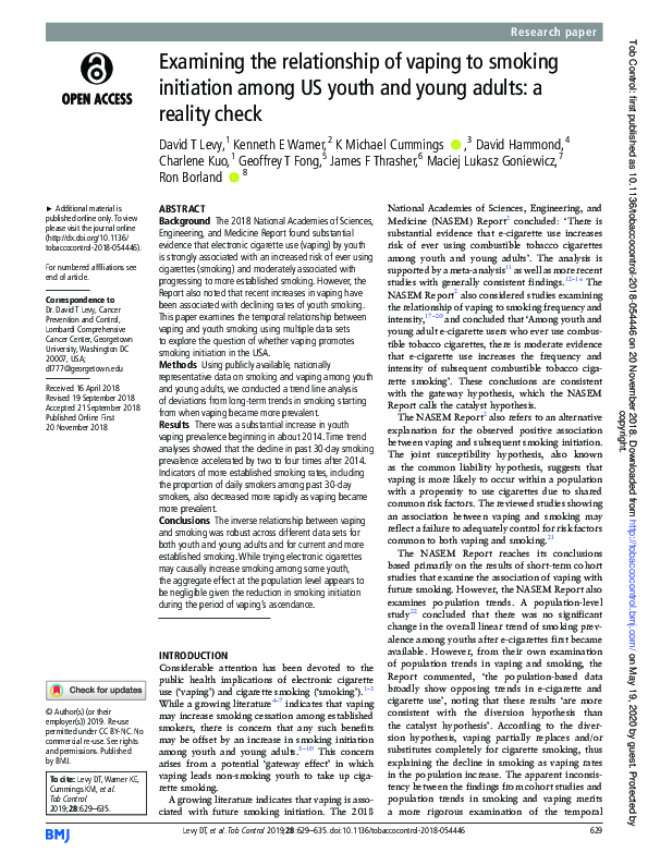 (PDF) Examining the relationship of vaping to smoking initiation among ...