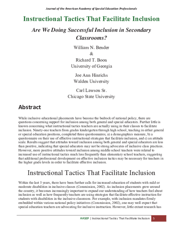 (PDF) Instructional Tactics That Facilitate Inclusion: Are We Doing ...