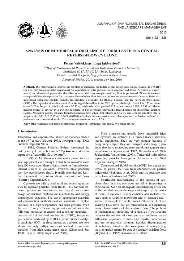 (PDF) Analysis of Numerical Modelling of Turbulence in a Conical Reverse‐Flow Cyclone