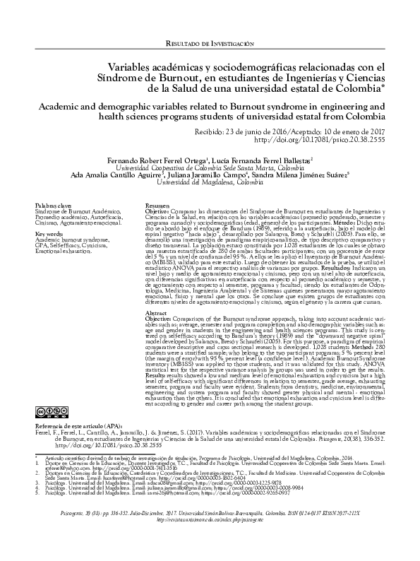 (PDF) Variables académicas y sociodemográficas relacionadas con el Síndrome de Burnout, en ...
