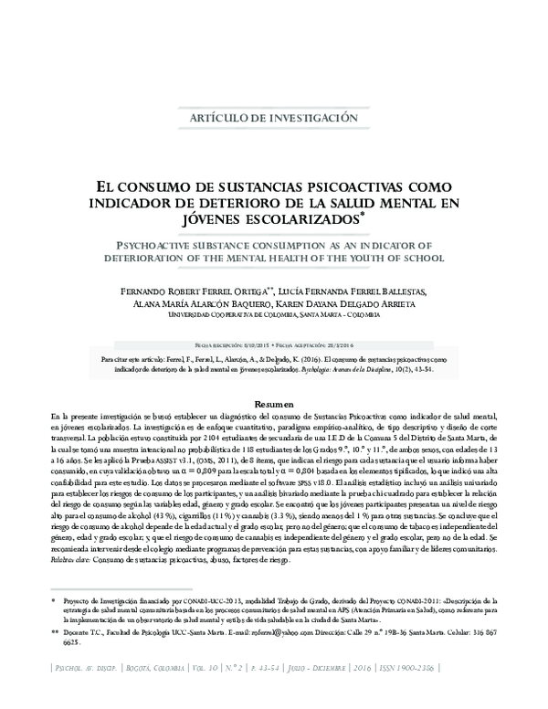 (PDF) El consumo de sustancias psicoactivas como indicador de deterioro de la salud mental en ...