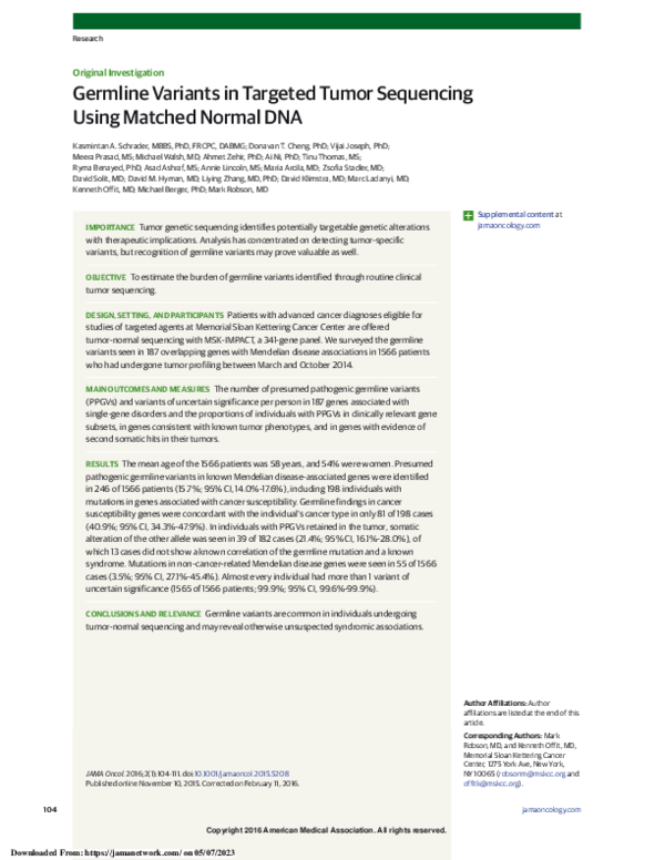 (PDF) Germline Variants in Targeted Tumor Sequencing Using Matched ...