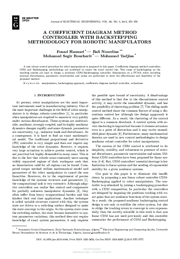 (PDF) A COEFFICIENT DIAGRAM METHOD CONTROLLER WITH BACKSTEPPING METHODOLOGY FOR ROBOTIC MANIPULATORS