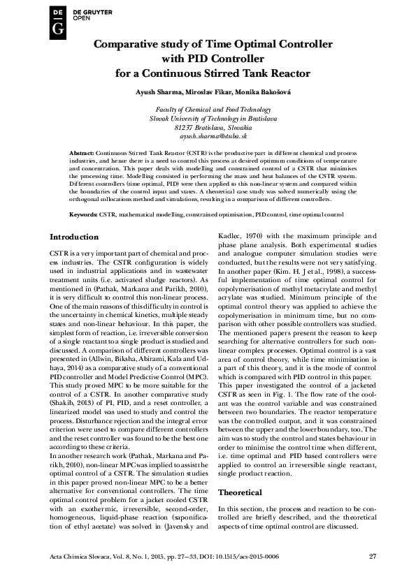 (PDF) Comparative study of Time Optimal Controller with PID Controller for a Continuous Stirred ...