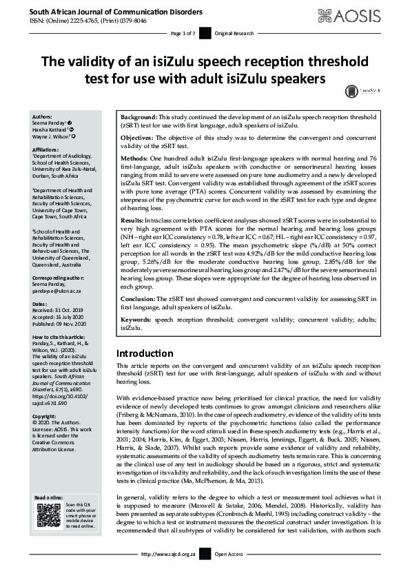 (PDF) The validity of an isiZulu speech reception threshold test for ...