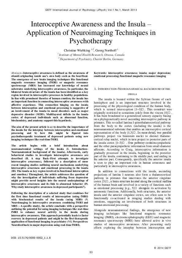 (PDF) Interoceptive Awareness and the Insula – Application of Neuroimaging Techniques in ...