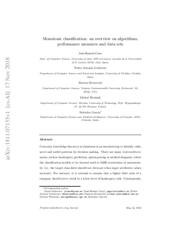(PDF) Monotonic classification: An overview on algorithms, performance measures and data sets