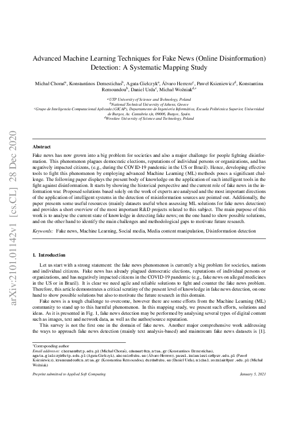 (PDF) Advanced Machine Learning techniques for fake news (online disinformation) detection: A ...