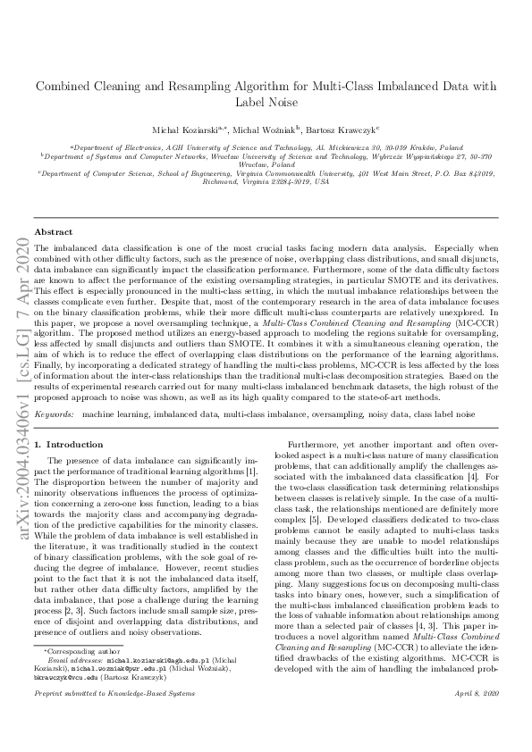 (PDF) Combined Cleaning and Resampling algorithm for multi-class imbalanced data with label ...