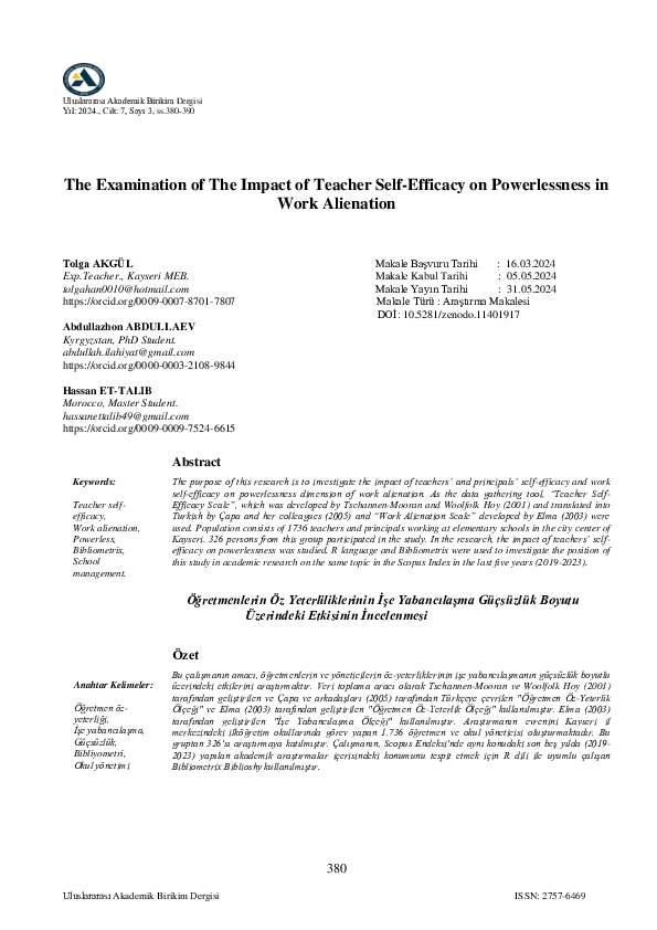 (PDF) The Examination of The Impact of Teacher Self-Efficacy on ...