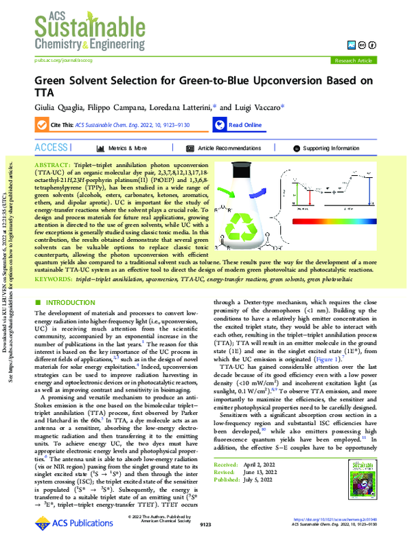 (PDF) Green Solvent Selection for Green-to-Blue Upconversion Based on TTA