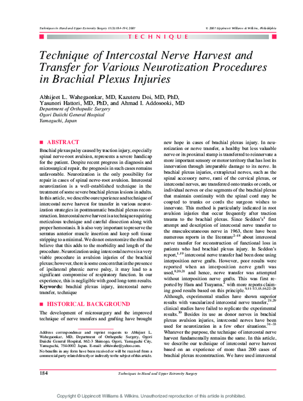 (PDF) Technique of Intercostal Nerve Harvest and Transfer for Various ...