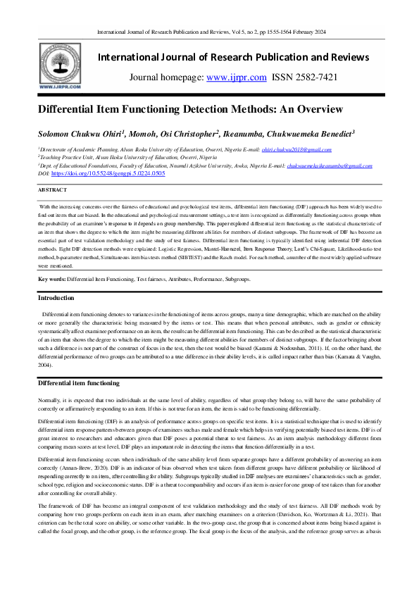 (PDF) Differential Item Functioning Detection Methods: An Overview