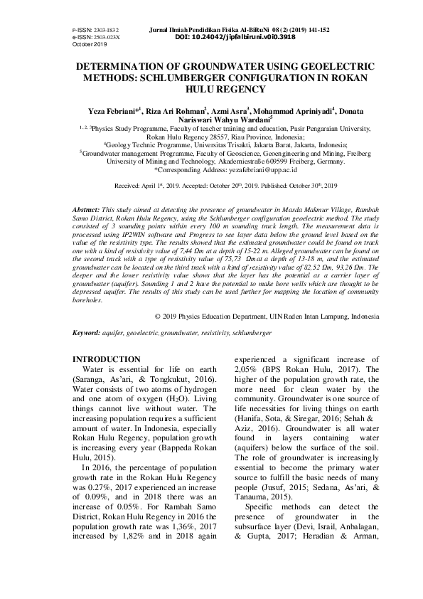 (PDF) Determination of Groundwater Using Geoelectric Methods ...