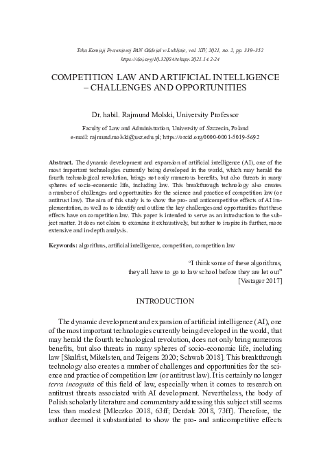 (PDF) Competition Law and Artificial Intelligence – Challenges and ...