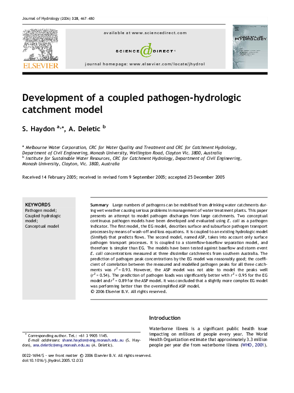 (PDF) Development of a coupled pathogen-hydrologic catchment model