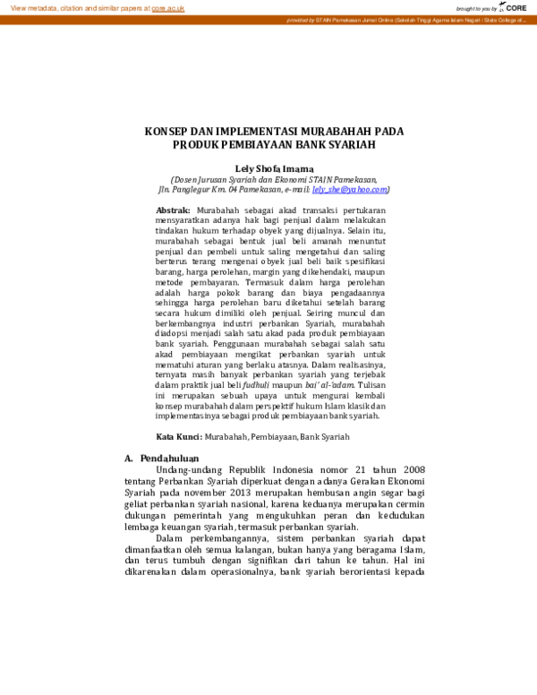 (PDF) Konsep Dan Implementasi Murabahah Pada Produk Pembiayaan Bank Syariah