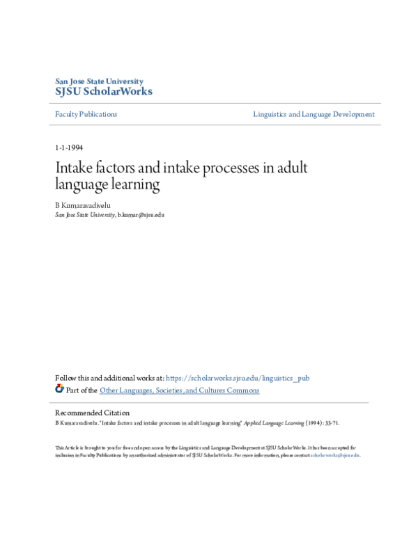 (PDF) Intake Factors and Intake Processes in Adult Language Learning