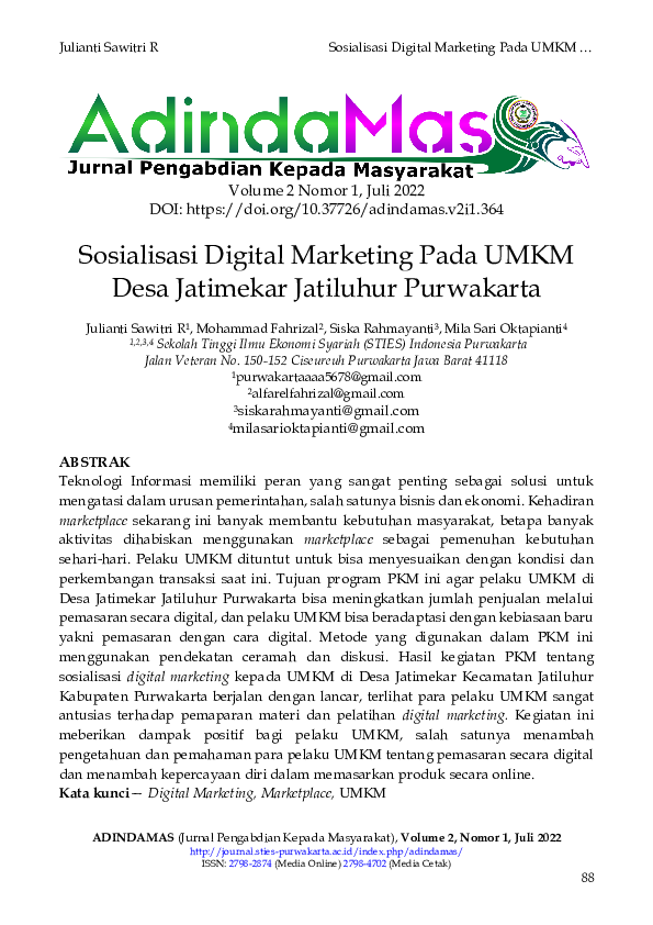 (PDF) Sosialisasi Digital Marketing Pada UMKM Desa Jatimekar Jatiluhur Purwakarta