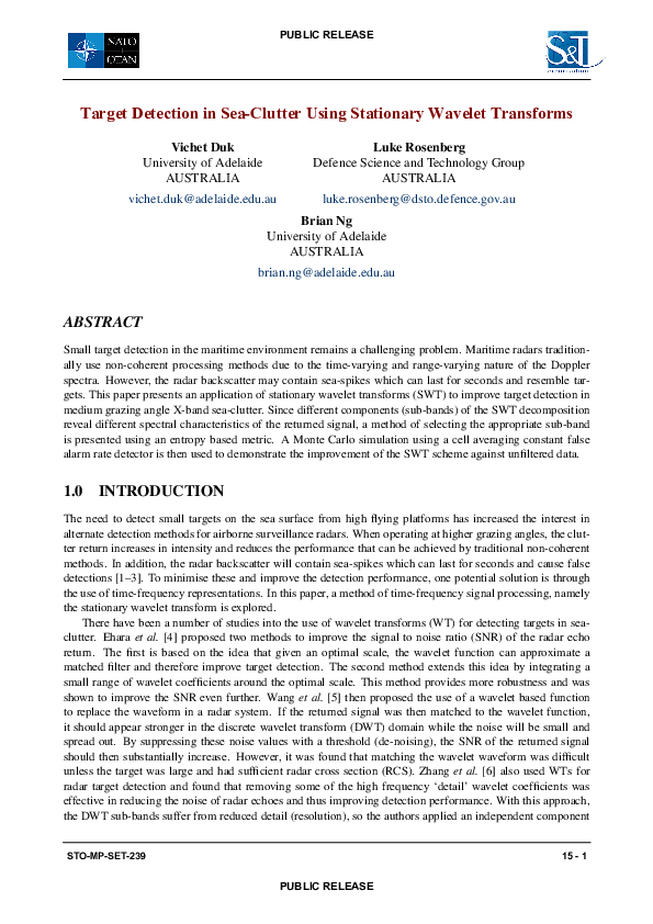 (PDF) Target Detection in Sea-Clutter Using Stationary Wavelet Transforms