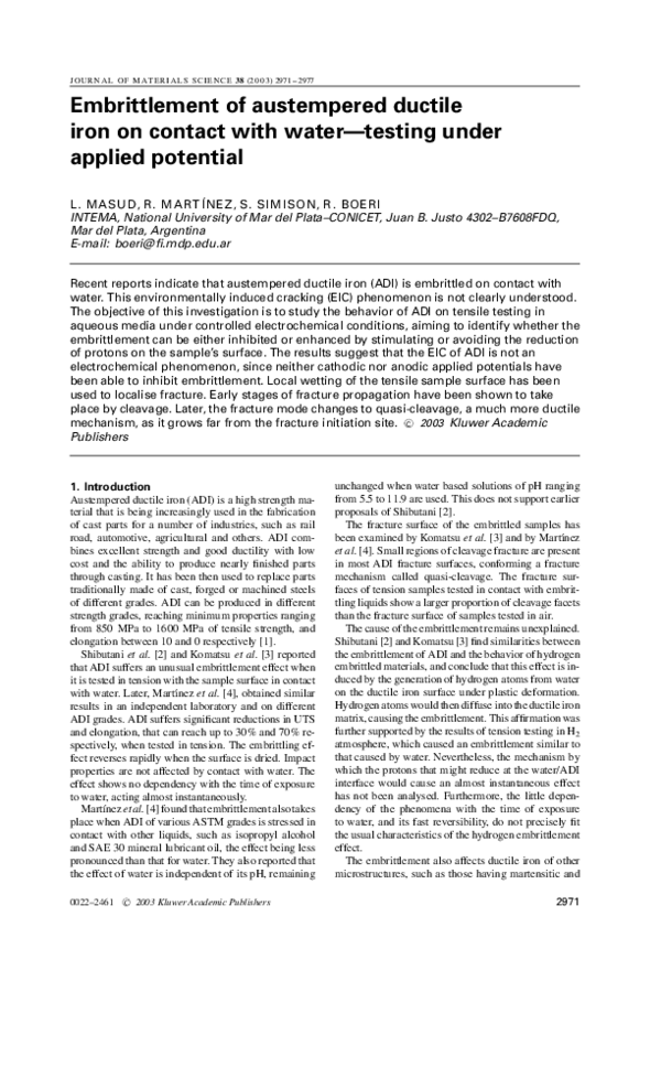 (PDF) Embrittlement of austempered ductile iron on contact with water ...