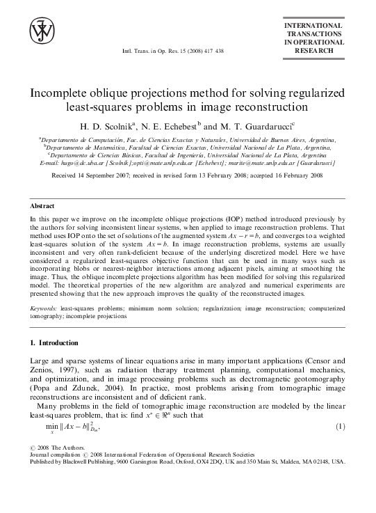 (PDF) Incomplete oblique projections method for solving regularized least‐squares problems in ...