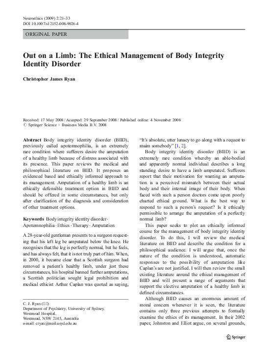 (PDF) Out on a limb: the ethical management of body integrity identity ...