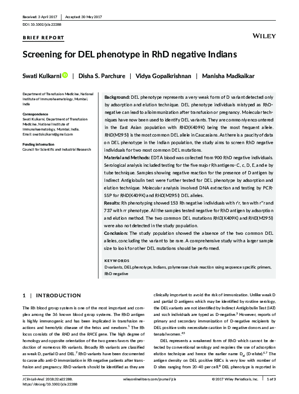 (PDF) Screening for DEL phenotype in RhD negative Indians
