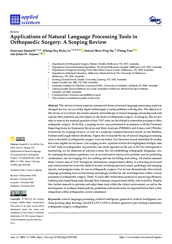 (PDF) Applications of Natural Language Processing Tools in Orthopaedic ...