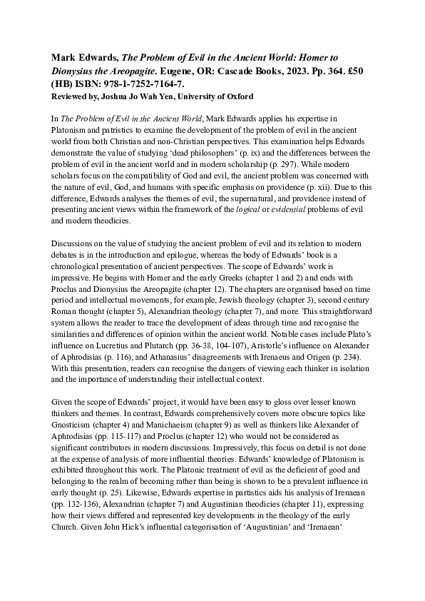 (PDF) Mark Edwards, The Problem of Evil in the Ancient World: Homer to ...