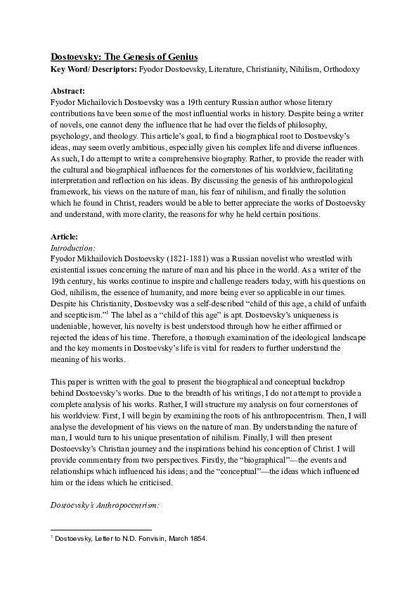 (PDF) Fyodor Dostoevsky: The Genesis of Genius (Pre-Publication Draft)