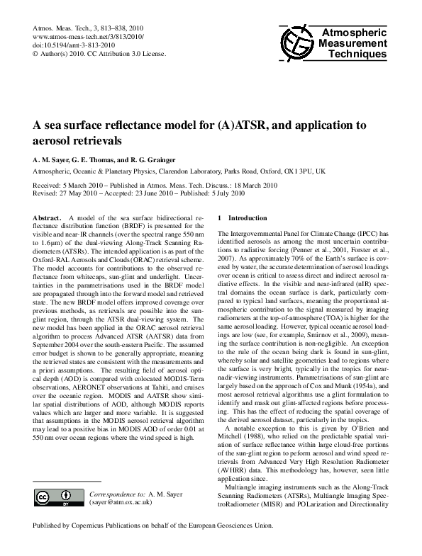 (PDF) A sea surface reflectance model for (A)ATSR, and application to ...