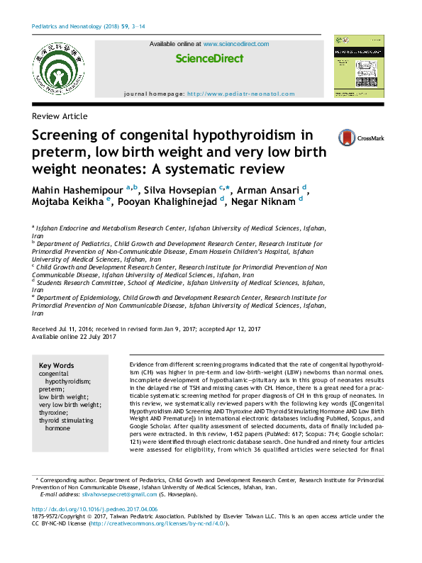(PDF) Screening of congenital hypothyroidism in preterm, low birth ...