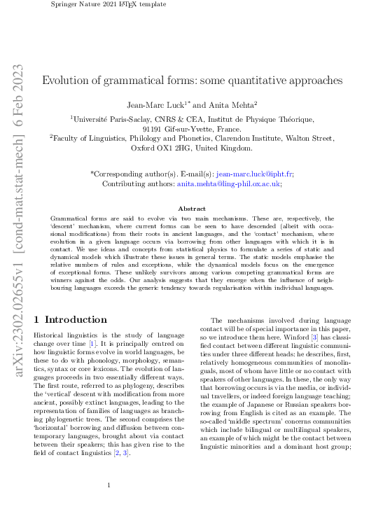 (PDF) Evolution of grammatical forms: some quantitative approaches