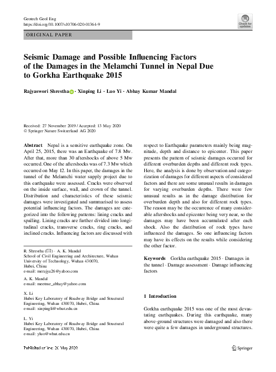 (PDF) Seismic Damage and Possible Influencing Factors of the Damages in the Melamchi Tunnel in ...