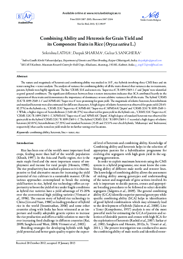 Pdf Combining Ability And Heterosis For Grain Yield And Its Component