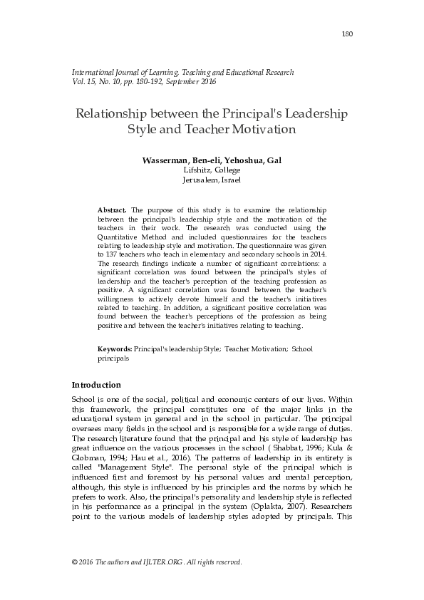 (PDF) Relationship between the Principal's Leadership Style and Teacher Motivation