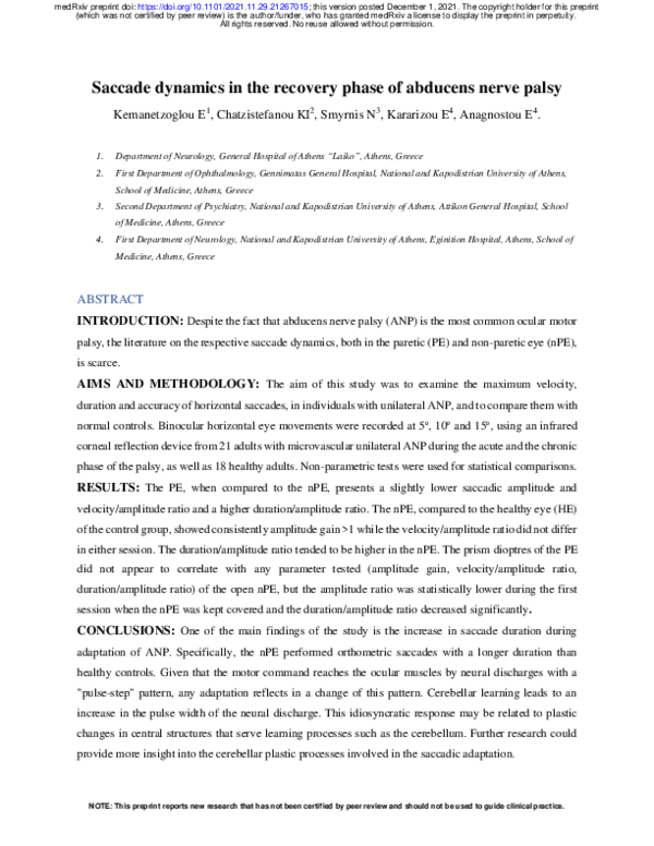 (PDF) Saccade dynamics in the recovery phase of abducens nerve palsy