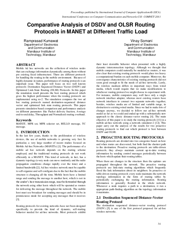 Pdf Comparative Analysis Of Dsdv And Olsr Routing Protocols In Manet