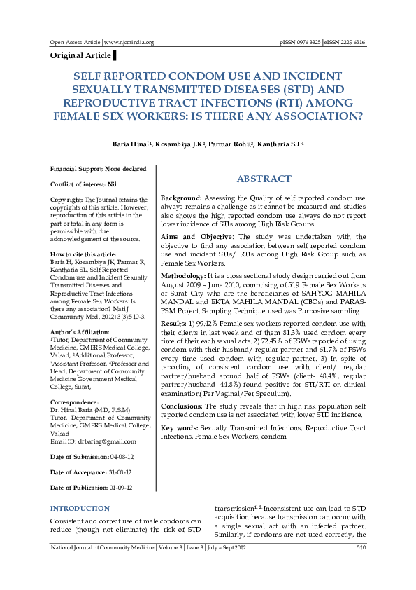 (PDF) SELF REPORTED CONDOM USE AND INCIDENT SEXUALLY TRANSMITTED DISEASES (STD) AND REPRODUCTIVE ...