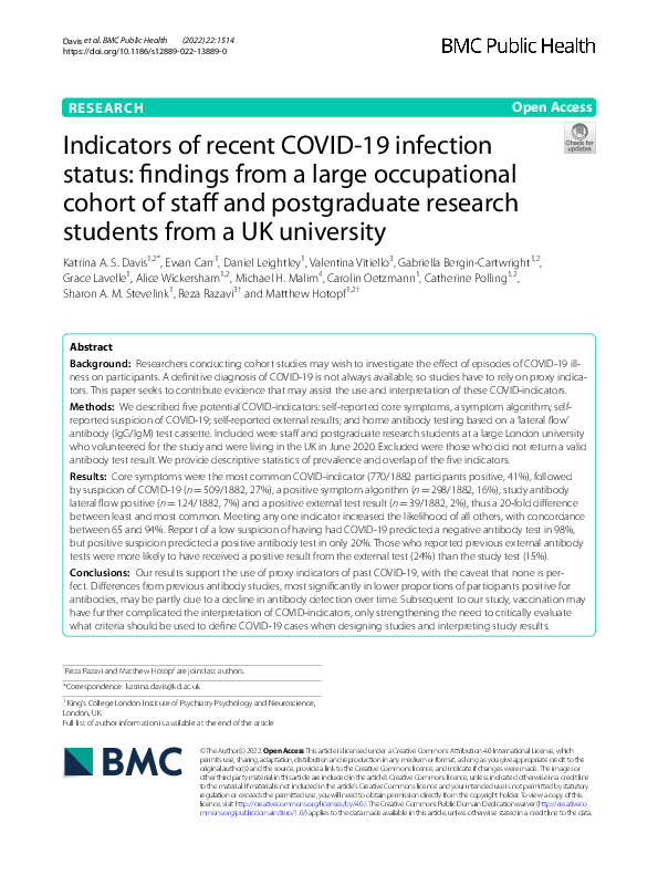 (PDF) Indicators of recent COVID-19 infection status: findings from a ...