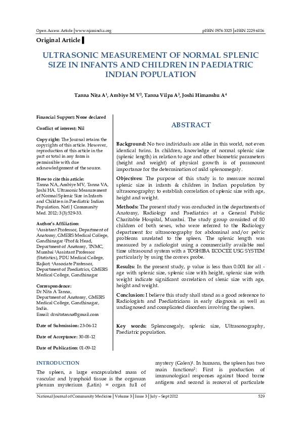 (PDF) ULTRASONIC MEASUREMENT OF NORMAL SPLENIC SIZE IN INFANTS AND ...