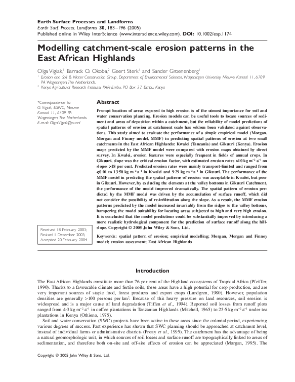 (PDF) Modelling catchment‐scale erosion patterns in the East African Highlands