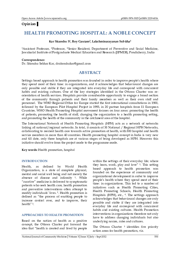 (PDF) HEALTH PROMOTING HOSPITAL: A NOBLE CONCEPT