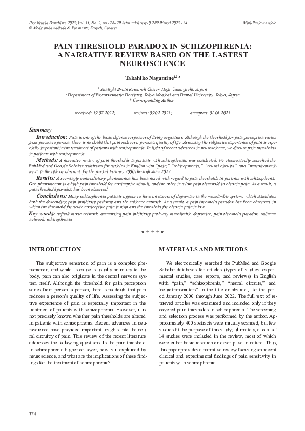 (PDF) Pain Threshold Paradox in Schizophrenia: A Narrative Review Based ...